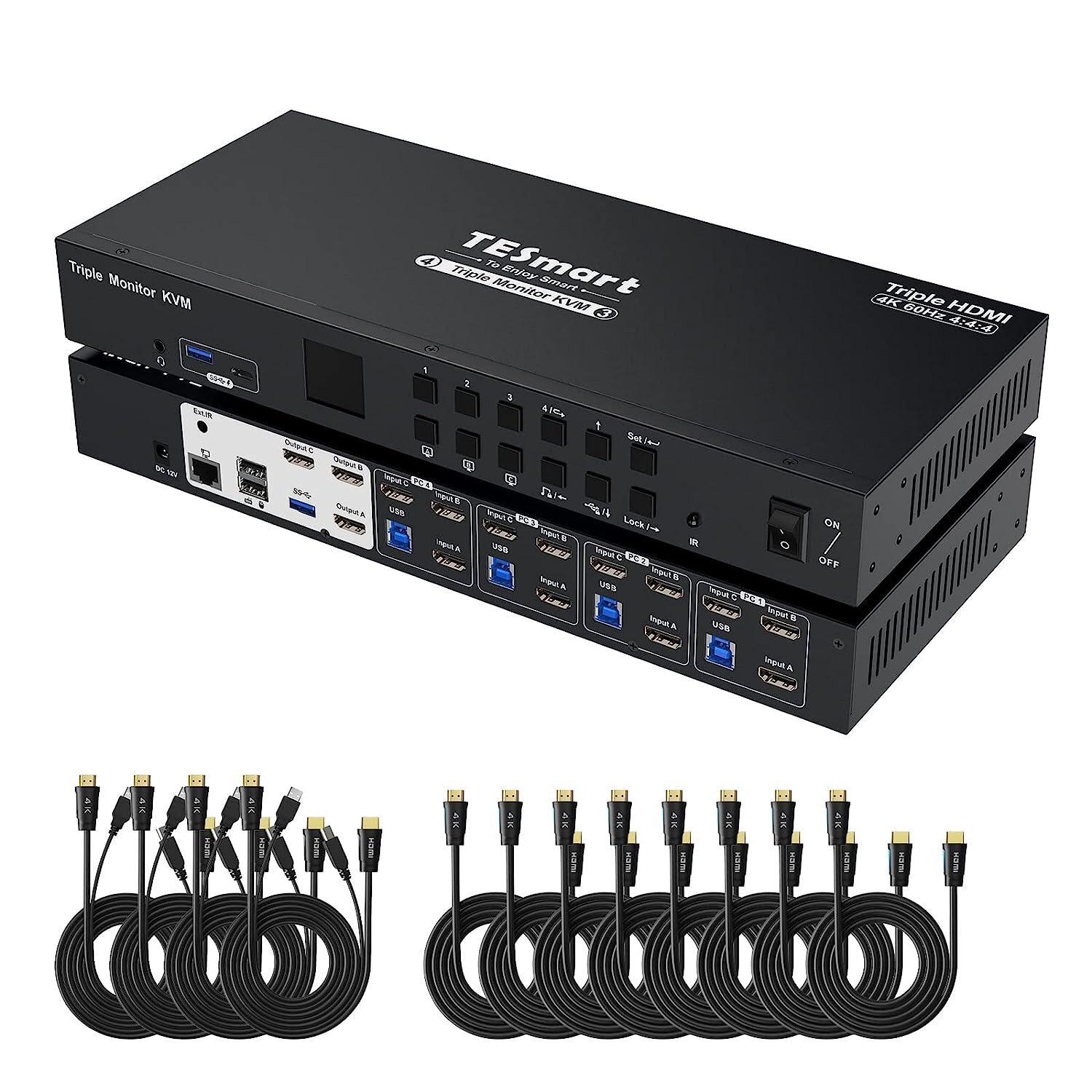 HDMI KVM Switch 4 pc til 3 skærme 4K60Hz headset, lydmikrofon, RJ45 LAN ...