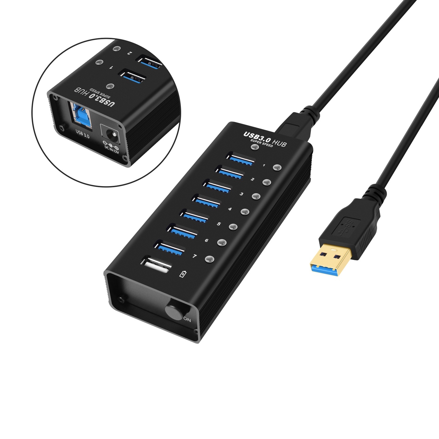 NÖRDIC 8-port powered hubb USB-A 3.0 5Gbps med switch 1,2m kabel ...