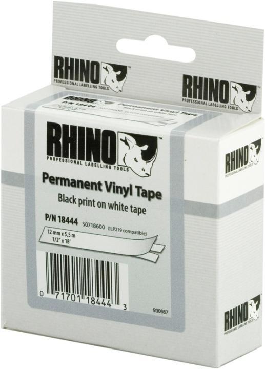 DYMO RhinoPRO märktejp perm vinyl 12mm, svart på vitt, 5.5m rulle ...