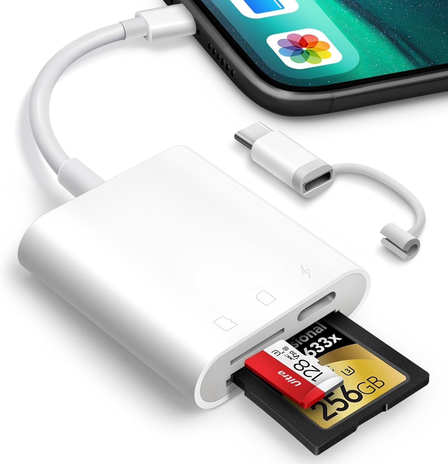 NÖRDIC USB-C, Lightning Kortläsare 2 Slot SD, MicroSD 1xUSB-C Laddning ...