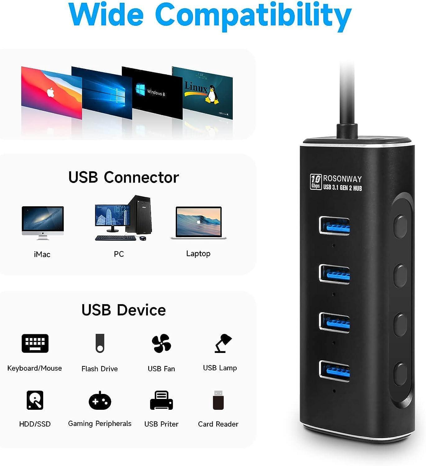 NÖRDIC Gen2 3.2 USB-A 4-ports Powered Hub 10Gbps 1m kabel individuel ...