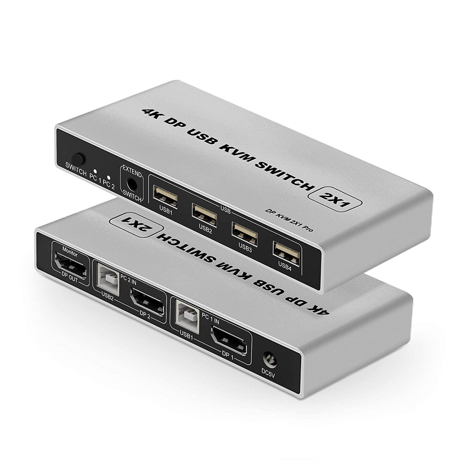 NÖRDIC KVM Switch 2 PC til 1 DisplayPort 1.2 4K60Hz og 4x USB-port HDCP ...